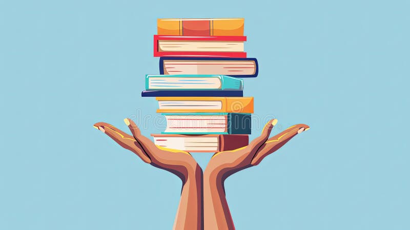 Two Hands Holding a Stack of Books Against a Light Blue Background ...