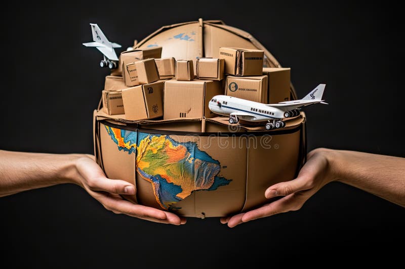 Two Hands Holding a Suitcase with Boxes and a Plane Stock Illustration ...
