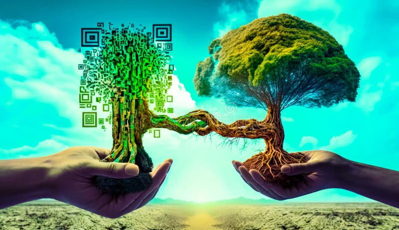 Two Hands Holding Tree with Qr Code in the Middle of it. Generative AI ...