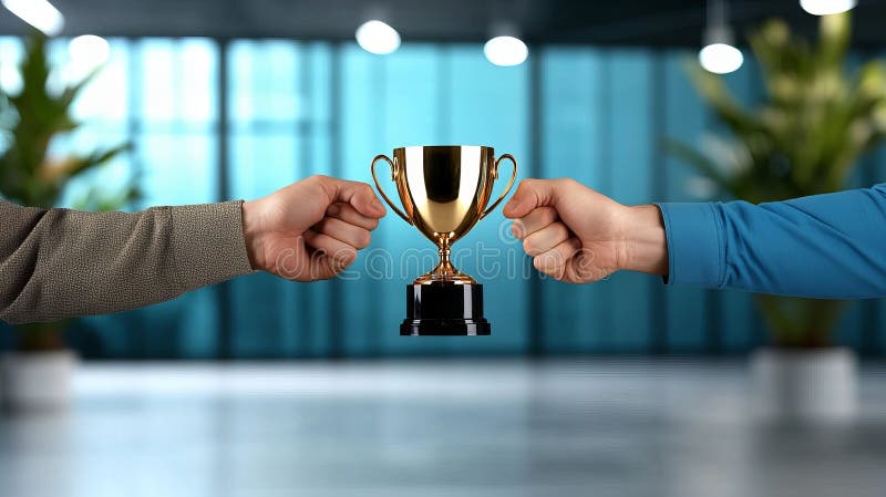 Two Hands Holding Trophy in Office Environment Stock Illustration ...