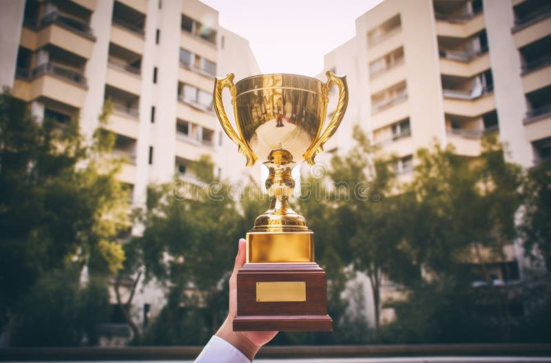 Two Hands Holding Up a Trophy in Front of an Building Stock Image ...