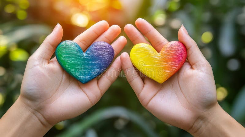Two Hands Holding Vibrant Rainbow Colored Hearts, Representing Love ...