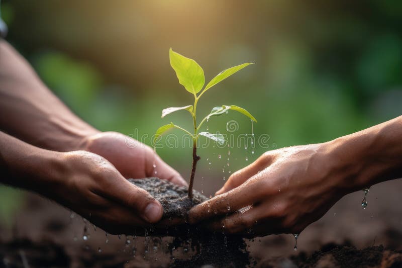 Two Hands Holding Water and Watering Young Tree. Earth Day Concept ...