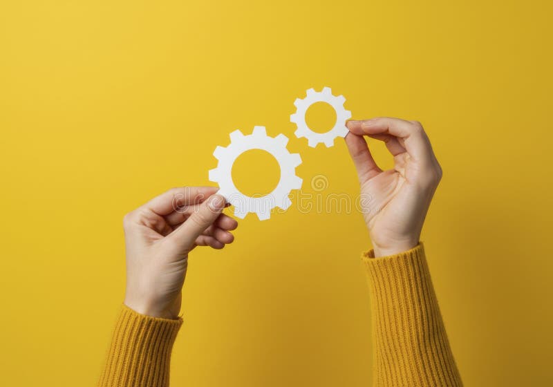 Holding Gears Collaboration Concept on Yellow Background Stock ...