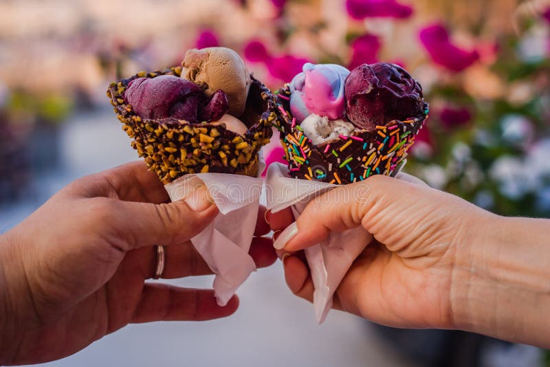 Two Hands Holds Two Ice Cream Cones Stock Image Image Of Fingers