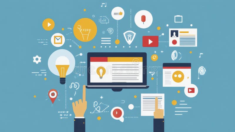 Pixel Art Icons Surround Laptop Displaying Webpage, Hands Interacting ...