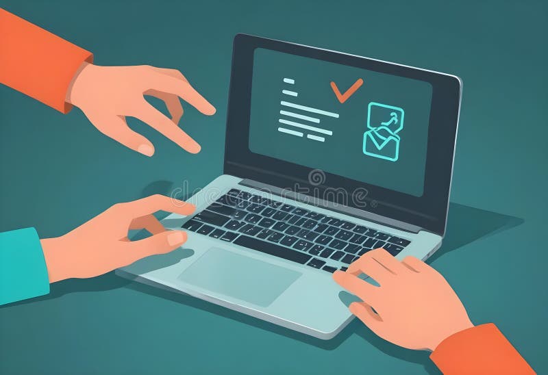 Two Hands Interact with a Laptop in an Isometric View, One Hand ...