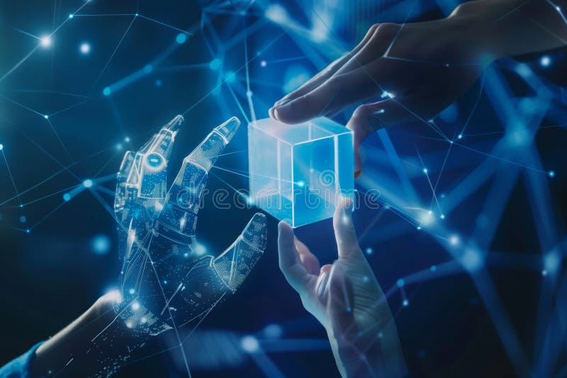 Two Hands Interacting with a Digital Cube Representing Ai Technology ...
