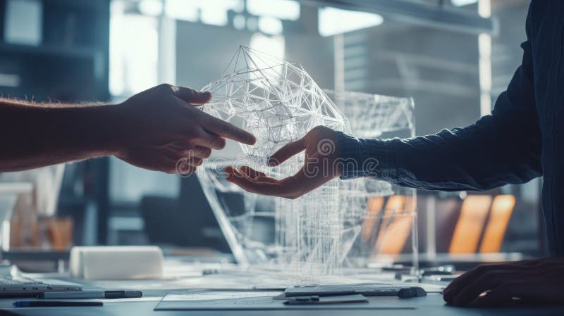 Two Hands Interacting with a Transparent 3D Model in a Modern Workspace ...