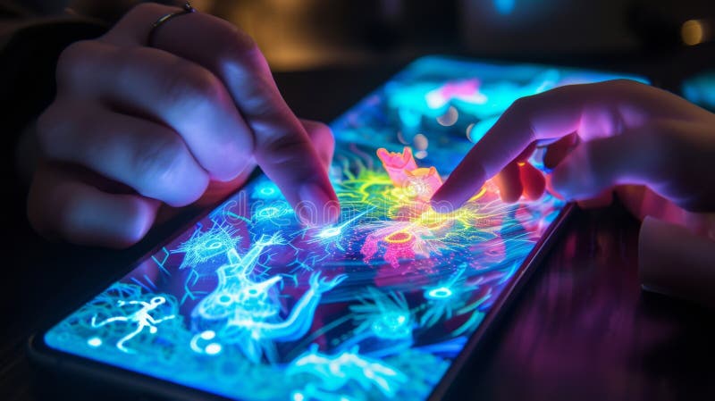 Two Hands Interacting with Vibrant Digital Graphics on Touchscreen ...