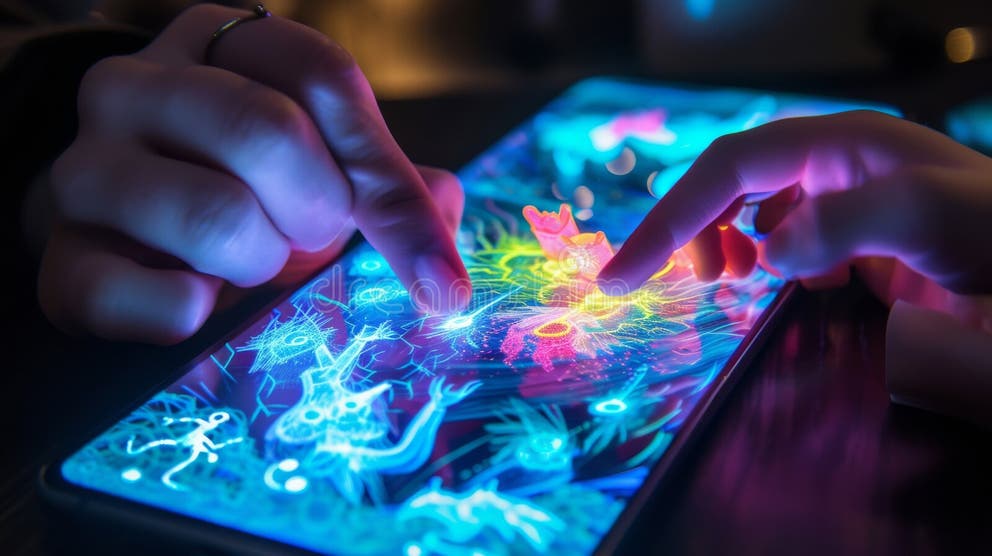 Two Hands Interacting with Vibrant Digital Graphics on Touchscreen ...