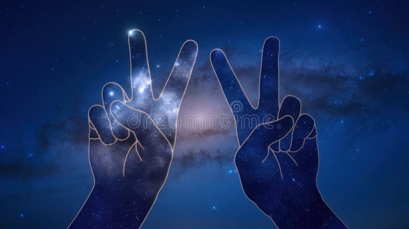 Two Hands Making Peace Signs Against a Cosmic Background, Blending ...