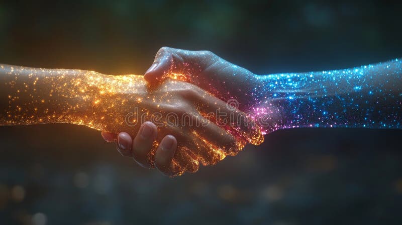 Two Hands Merging with Vibrant, Glowing Particles in a Darkened ...