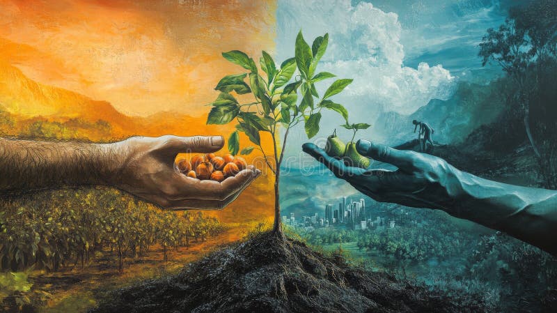 Two Hands Offering Fruit and Nature, Split between Contrasting ...