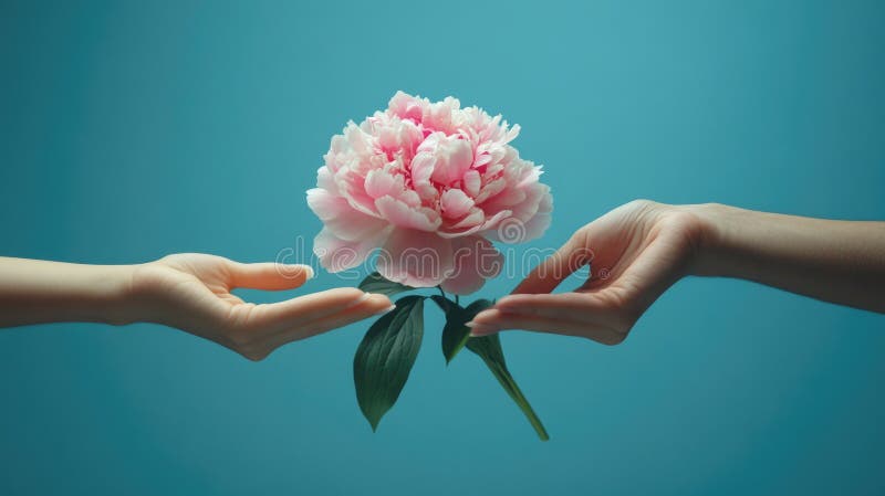 Two Hands Offering Pink Peony Against Blue Background Stock Image ...