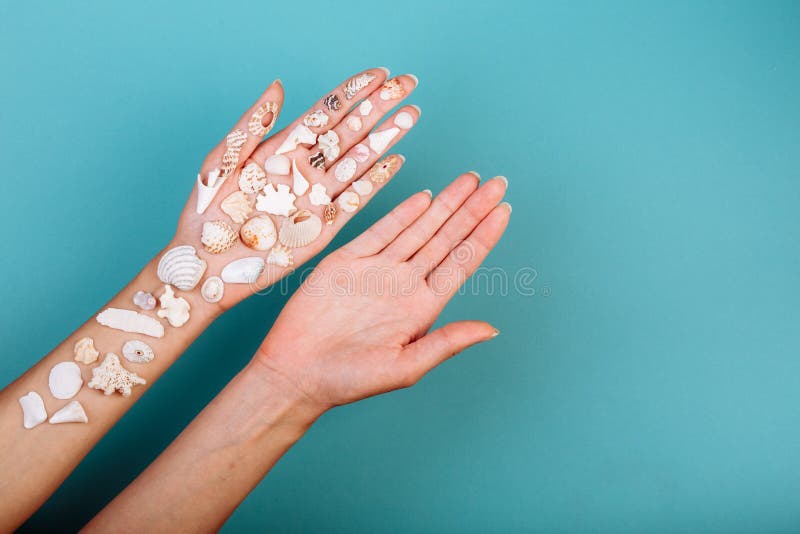 Two Hands: One without Any Shell Another Holds Various Shape Sea Shells ...