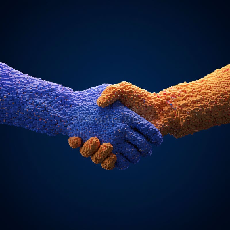 Two Hands, One Blue and One Orange, Composed of Small, Textured Blocks ...