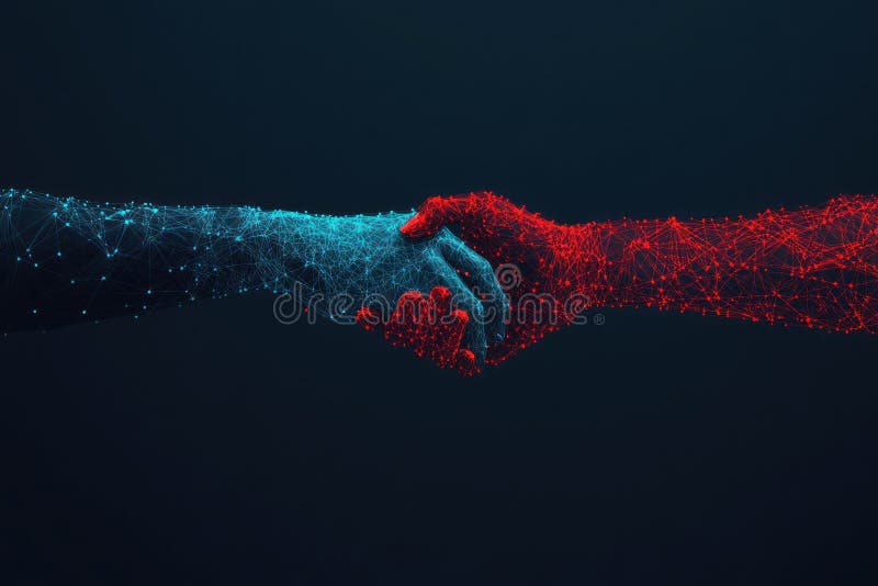 Two Hands, One Blue and One Red, Reaching Out and Connecting in a ...