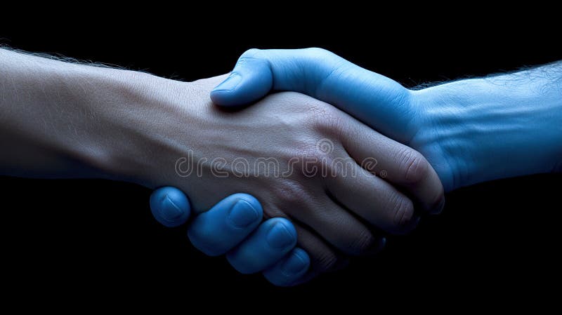 Two Hands, One Human, One Blue, Shake Hands Against a Black Background ...