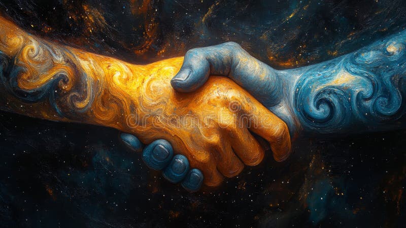 Two Hands, One Orange and One Blue, Shake in a Cosmic Setting ...