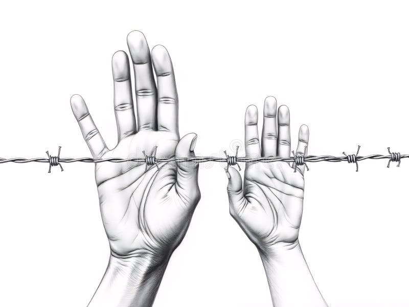 A Woman S and Child S Hands Reach Out from Behind Barbed Wire in a ...