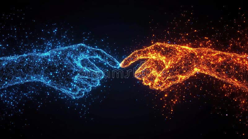 Two Hands, One Touch, Digital Art. Abstract Connection between Light ...