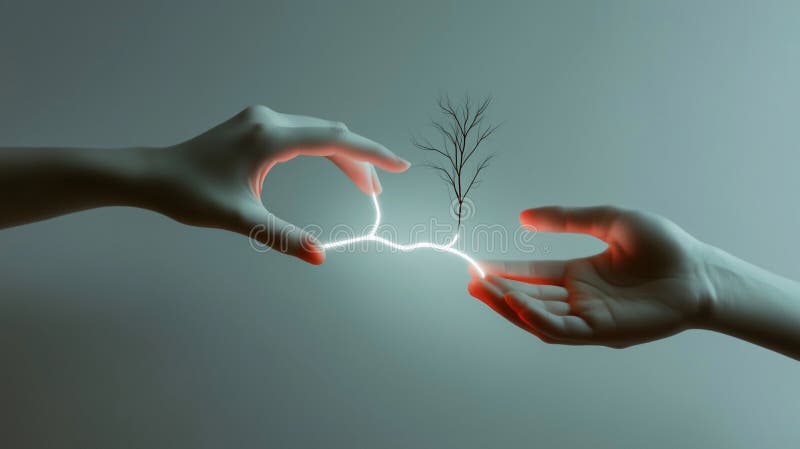 Two Hands, One Touching the Other with Fingertips, are Connected by a ...