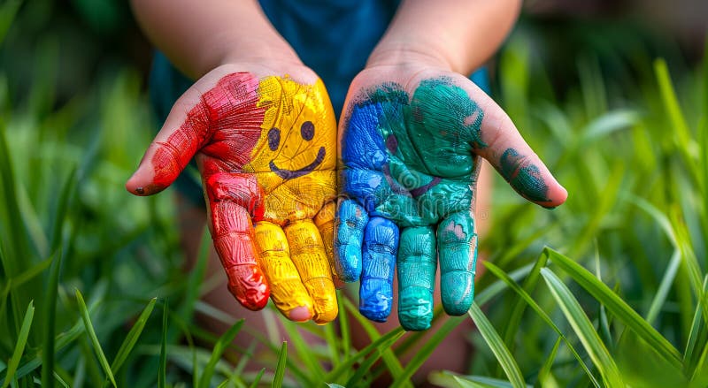 Two Hands Painted with Different Colors and Smiling Faces Stock Image ...