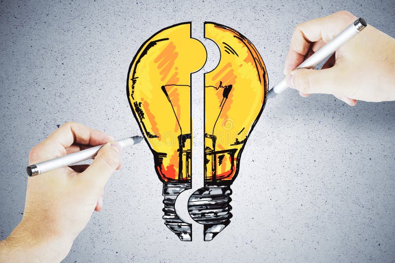 Two Hands with Pen Drawing Yellow Light Bulb Puzzle Stock Image - Image ...