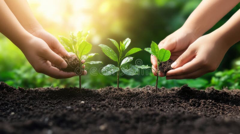Two Hands Planting a Seedling in the Ground, AI Stock Photo - Image of ...
