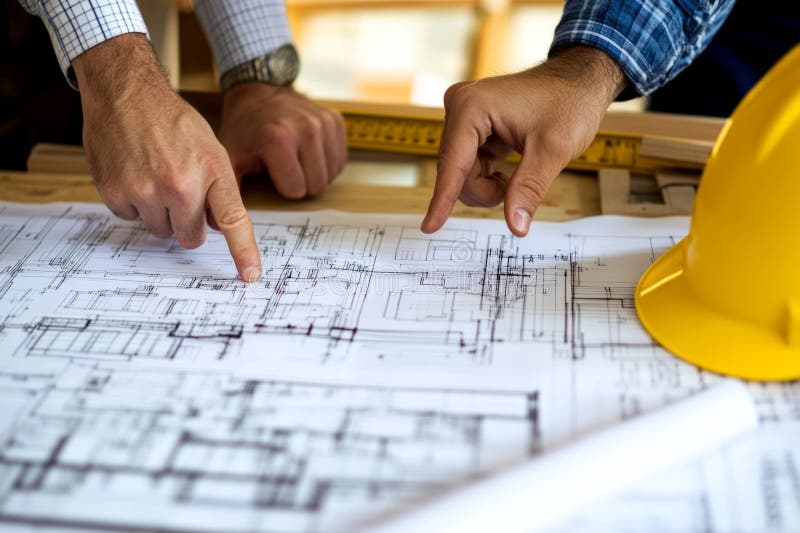 Two Hands Point at Construction Blueprints on a Table. the Scene Shows a Construction Plan and ...
