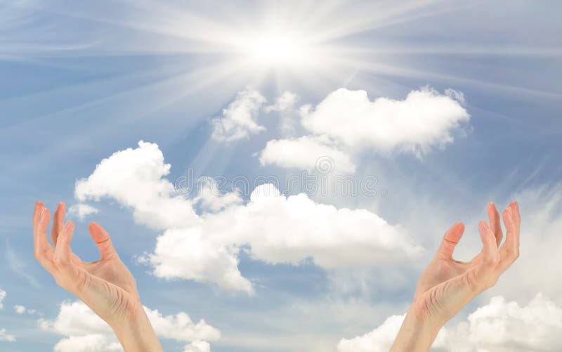 Two Hands Praying Reach for the Cloudy Sky Stock Photo - Image of ...