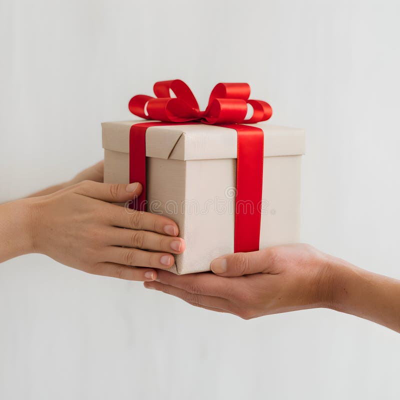 Two Hands Present a Beige Gift Box with a Red Ribbon, Symbolizing ...