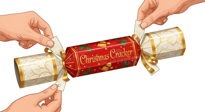 Two Hands Pull a Christmas Cracker. the Cracker Features a Cylindrical ...