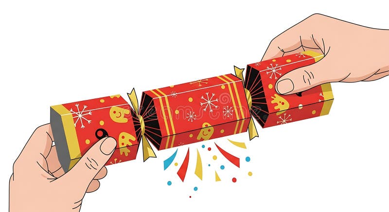 Two Hands Pulling Apart a Christmas Cracker, Depicted in a Cartoon ...
