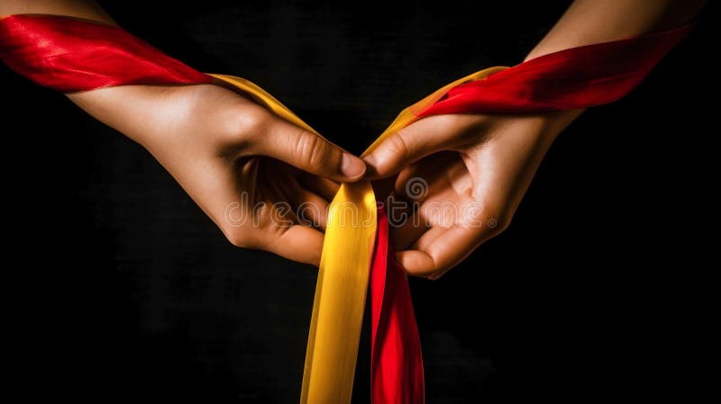 Two Hands Pulling Red and Yellow Satin Ribbons on Black Background ...