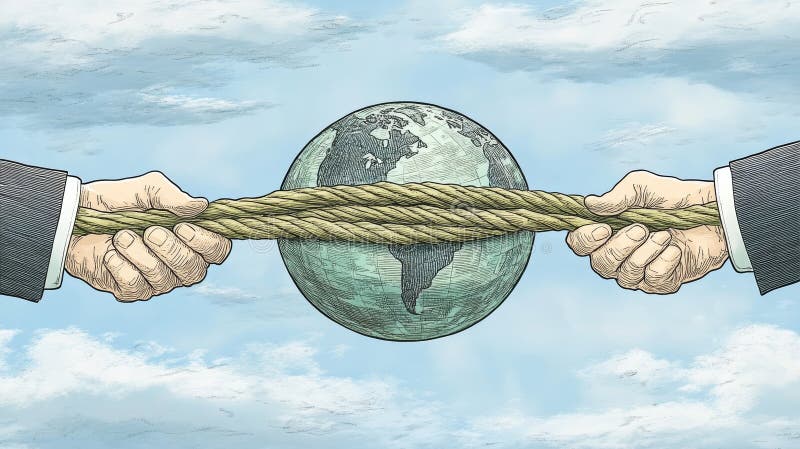 Two Hands Pulling Rope Around Earth, Symbolizing Global Unity ...