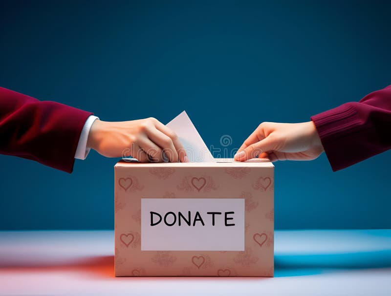 Two Hands Putting an Envelope and a Banknote into a Pink Donation Box ...