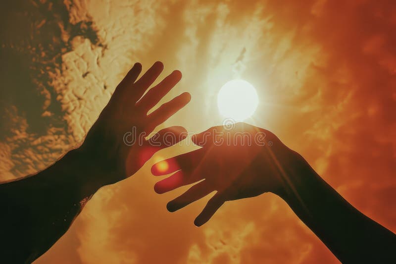 Two Hands Reach Out To Each Other Against the Backdrop of the Sun Stock ...