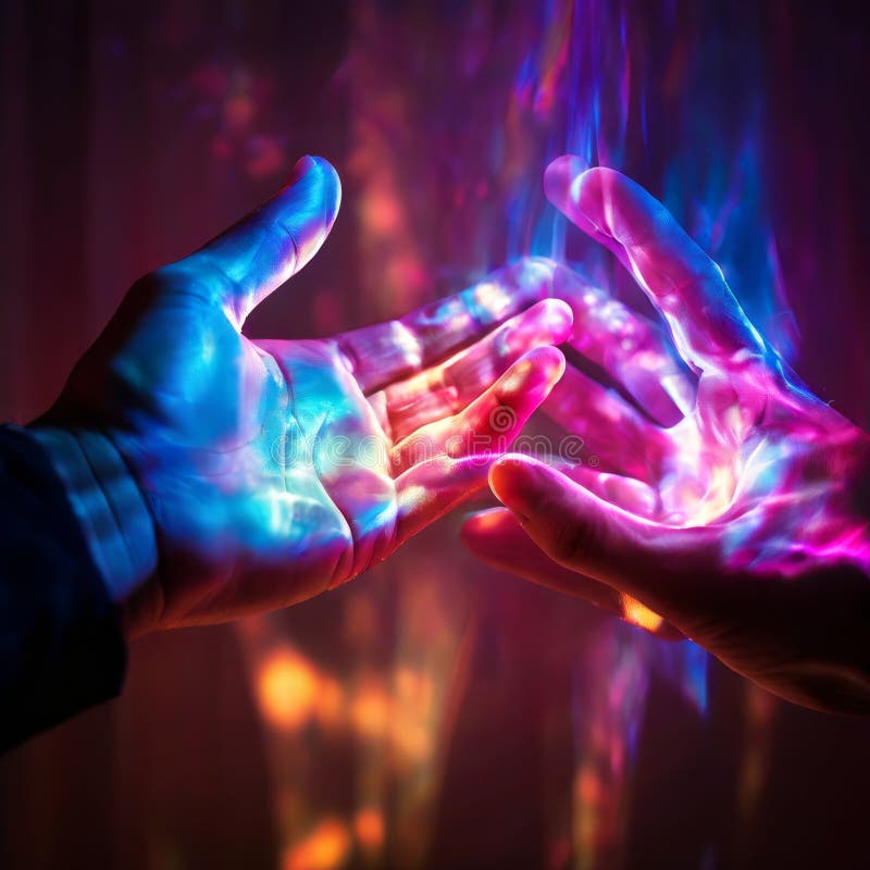 Hands Illuminated by Colorful Light Reflections in a Dark Background ...