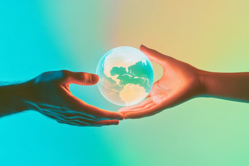Two Hands are Reaching for a Glowing Globe. this Image Represents ...