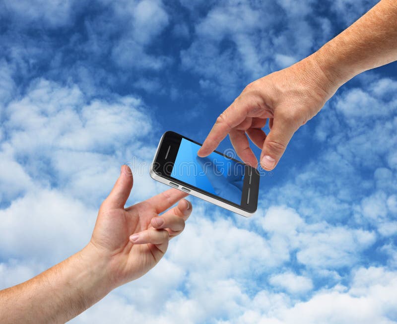 Two Hands Reaching Smartphone Stock Image - Image of adam, connect ...