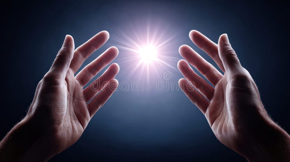 Two Hands Reaching Towards a Bright, Radiant Light in a Dramatic ...