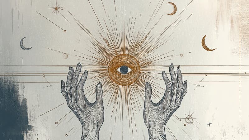 Hands Reaching for Enlightenment with an Eye and Sun on a Clean ...