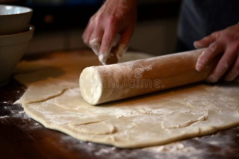 Two Hands with Rolling Pin Roll Out Dough in Flour on Table, Closeup ...