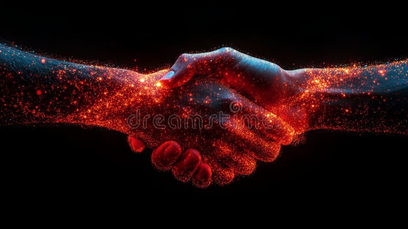 Two Hands Shake, Emitting Glowing Particles To Symbolize Unity and ...