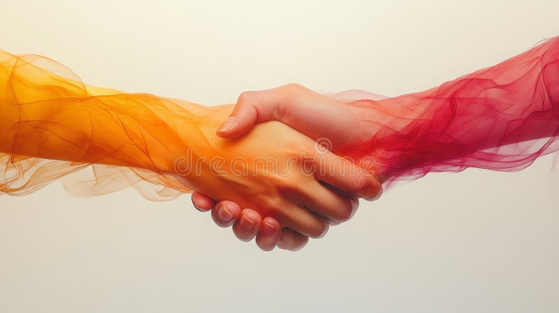 Two Hands Shake, Enveloped in Orange and Red Flowing Fabric ...