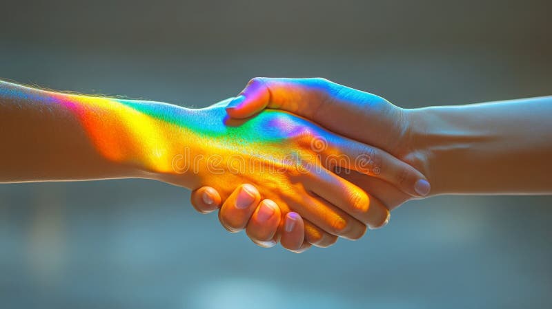 Two Hands Shake with a Rainbow Reflection, Symbolizing Unity and ...