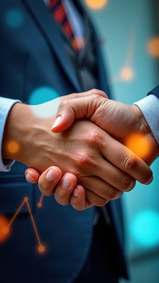 Two Hands Shake in a Warm, Professional Setting, with Digital Lines ...