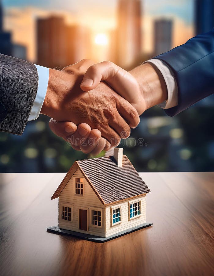 Two Hands Shaking Above a Model House with a Sunset City Backdrop Stock ...